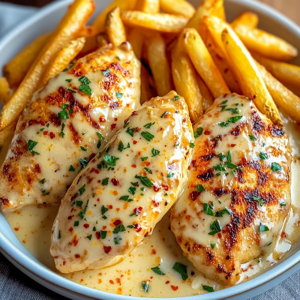 Chicken Fillet in Spicy, Creamy Garlic-Parmesan Sauce with Fries ...
